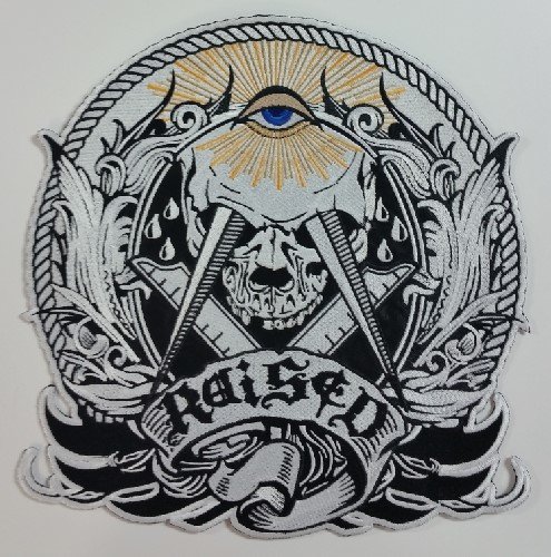 Large Raised Masonic Square And Compass Skull Patch Black And White